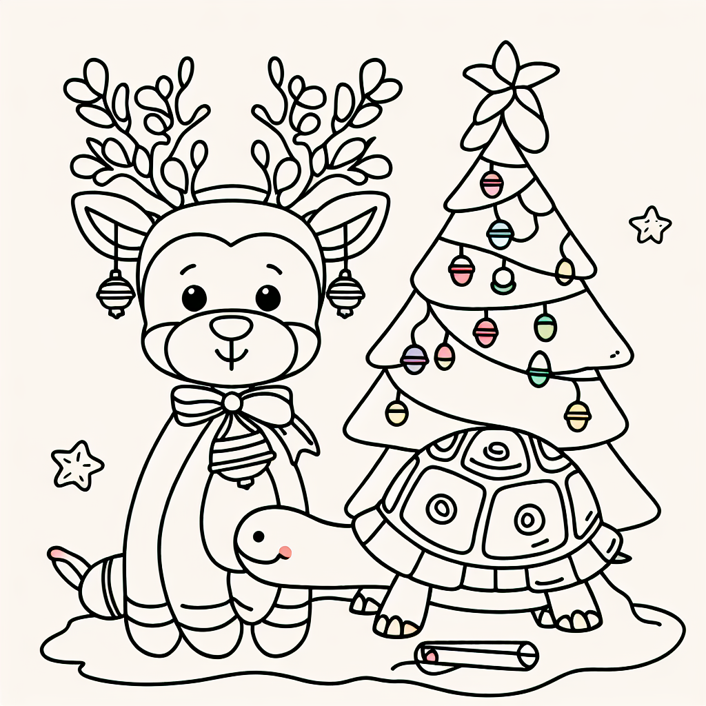 Christmas Reindeer With Turtle Coloring Page