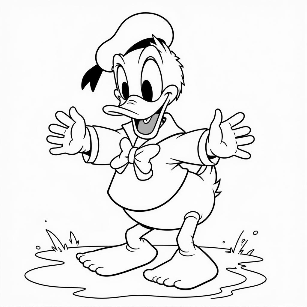 Donald Duck Splashed Into Puddles Coloring Page