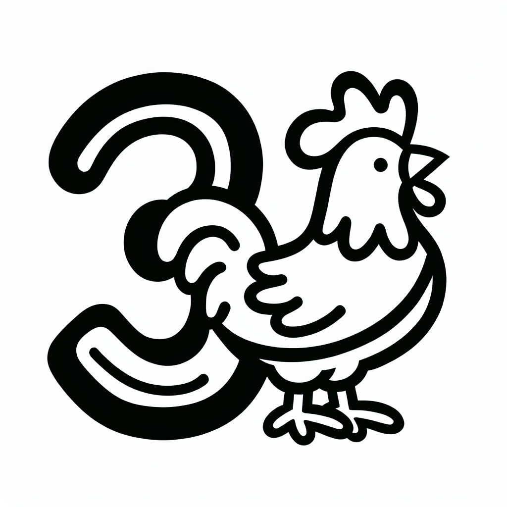 Number 3 With Rooster Coloring Page