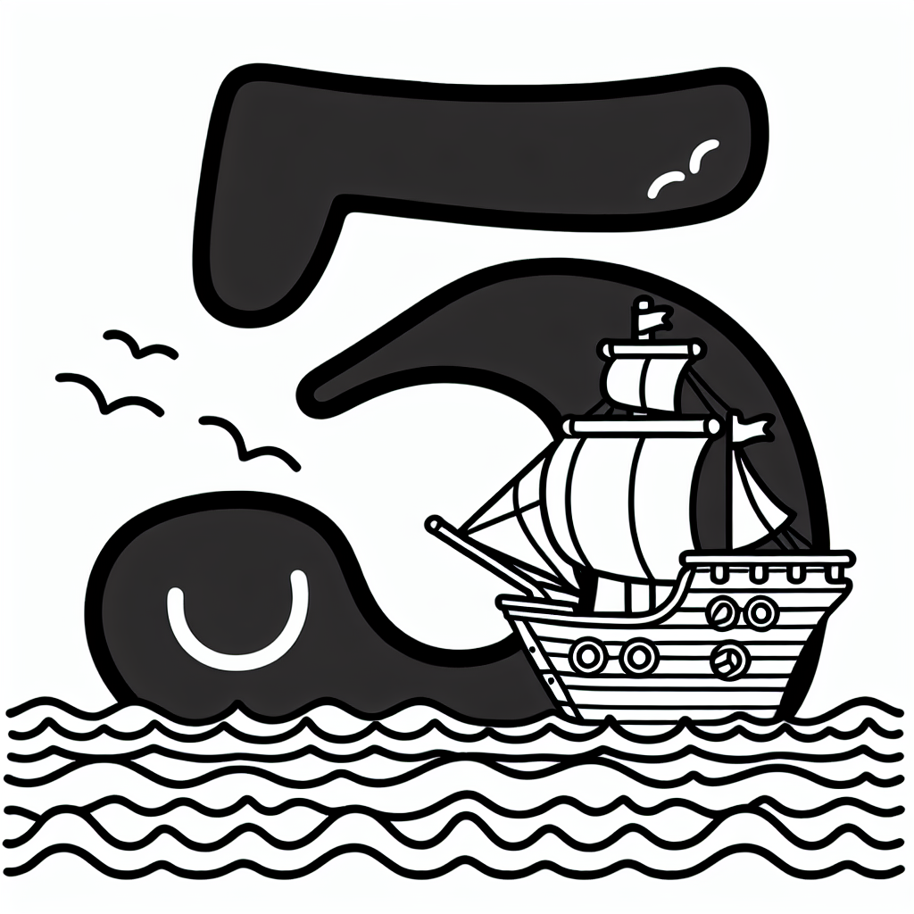 Number 5 With Pirate Ship Coloring Page