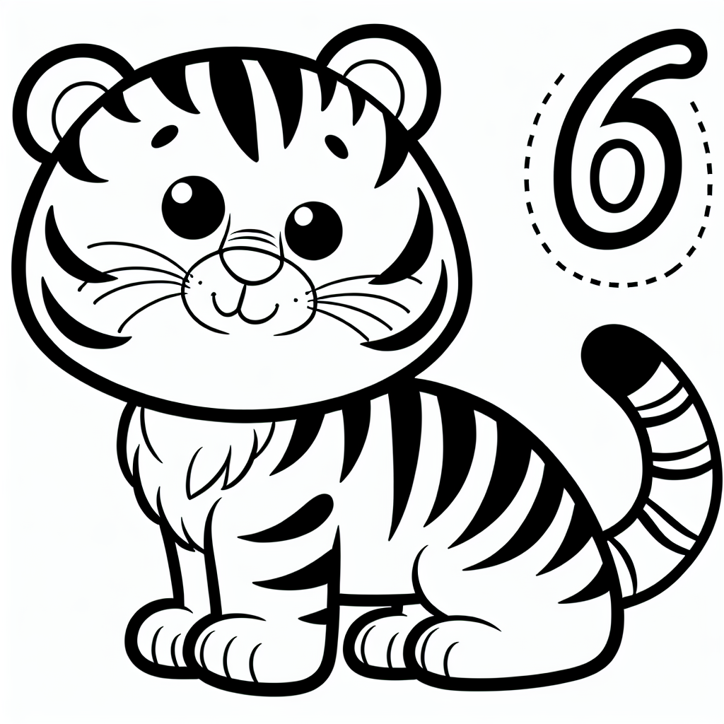 Number 6 With Tiger Coloring Page