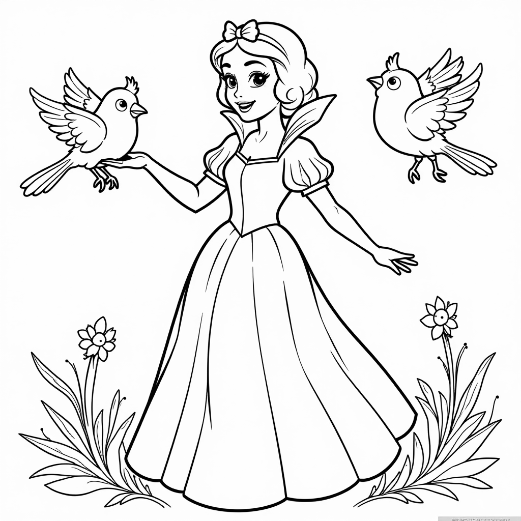 Snow White Sang With Cheerful Birds Coloring Page