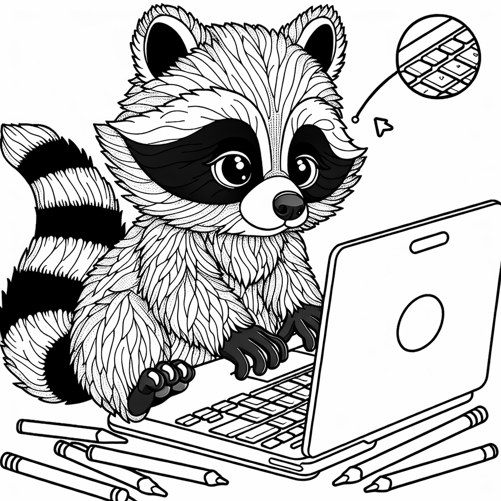 Raccoon Typing On A Laptop Coloring Page
