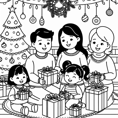 Christmas Present With Family Coloring Page