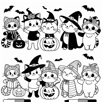 Cats Dressed In Pumpkins Ghosts And Witches Coloring Page