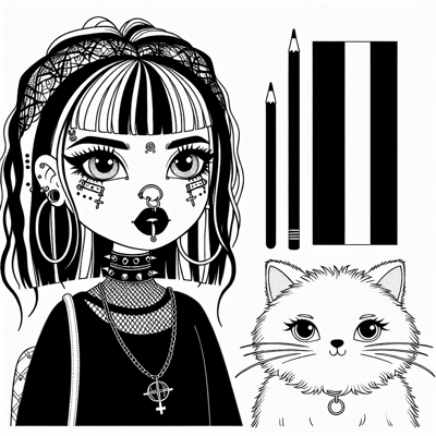 Goth Girl With A Cat Coloring Page
