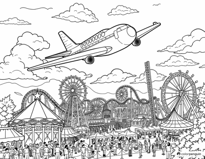 Airplane Over Amusement Park Coloring Page