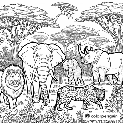 African Big Five In The Jungle Coloring Page