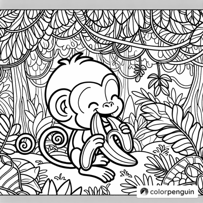 Monkey Enjoying A Banana In The Jungle Coloring Page