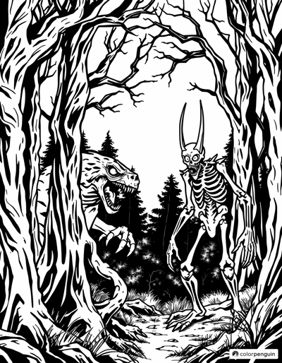 Chupacabra And Wendigo In The Dark Forest Coloring Page