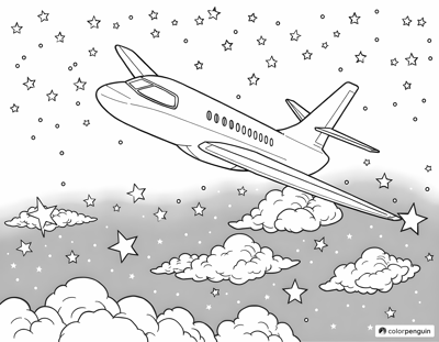 Airplane Flying Under A Starry Sky Coloring Page