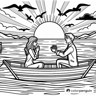 Proposal On A Sunset Boat Coloring Page