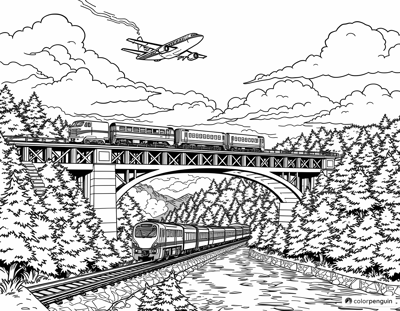 Airplane Over A Train Crossing A Majestic Bridge Coloring Page