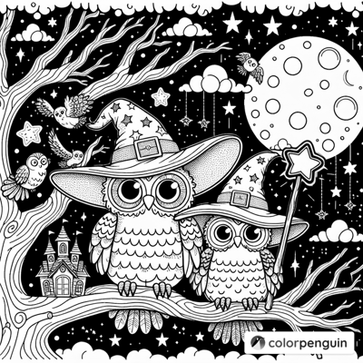 Wizard Owls On A Spooky Branch Coloring Page