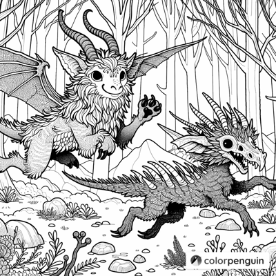 Wendigo And Chupacabra In The Woods Coloring Page