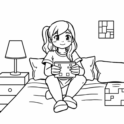 A Girl Sitting On Her Bed Playing Minecraft Coloring Page