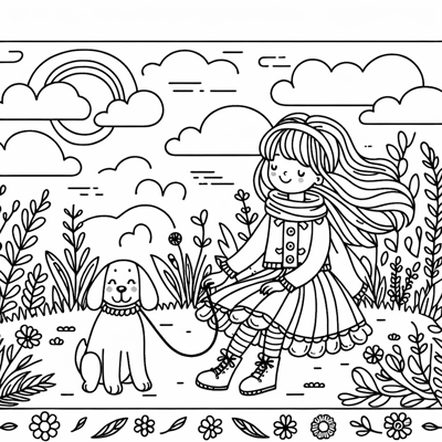 A Girl With A Dog Coloring Page