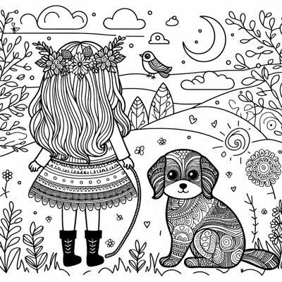 A Girl With A Dog Coloring Page