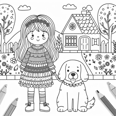 A Girl With A Dog Coloring Page