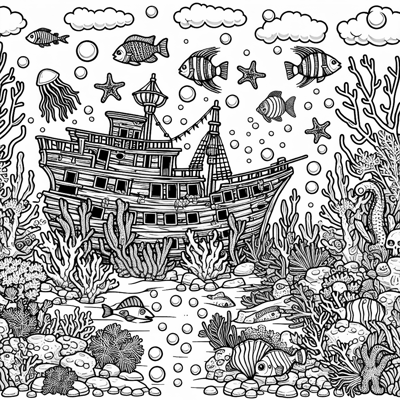 A Shipwreck Scene Underwater Coloring Page