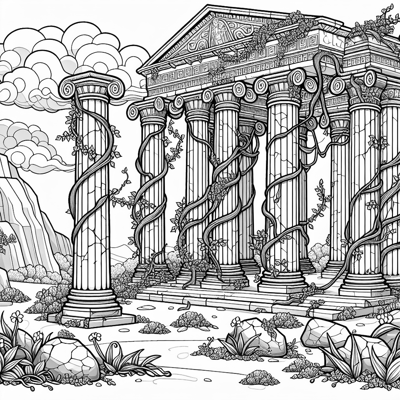 An Ancient Greek Temple With Cracked Stone Pillars... Coloring Page