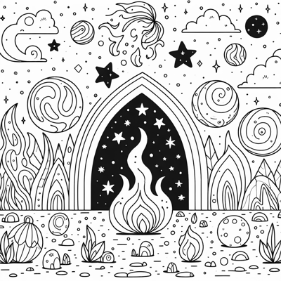 A Magical Fiery Underworld With Tiny Glowing Orbs... Coloring Page