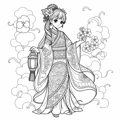 Chinese Girl In Traditional Wear Coloring Page