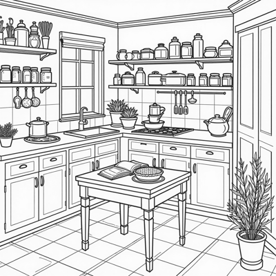 Bold Lines Cute Simple Kitchen No People Coloring Page