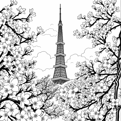 Create Tokyo Japan Cherry Blossoms With Tokyo... Coloring Page