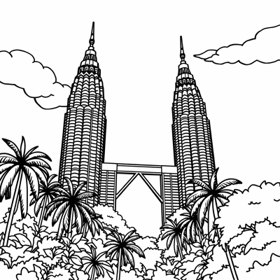 Create Petronas Towers With Lush Greenery Coloring Page | Free Printable