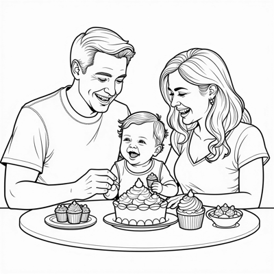 A Family With A Baby Eating Cupcakes Coloring Page
