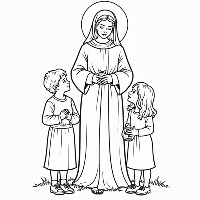 Our Lady Of Fatima With Three Children Coloring Page