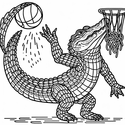 An Alligator Playing Basketball Coloring Page