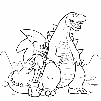 Godzilla And Sonic Being Friends Coloring Page