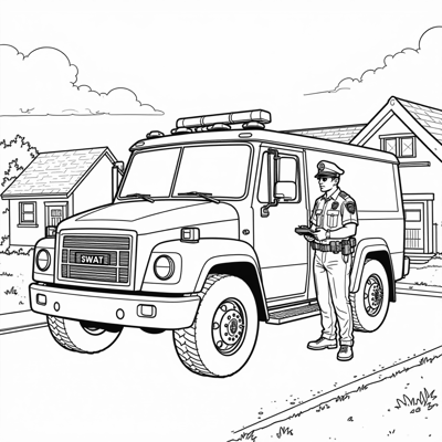 SWAT Truck With A Police Officer Talking To... Coloring Page