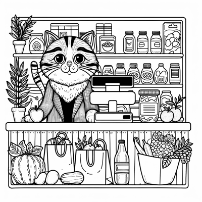 Cat Working In A Grocery Store As A Cashier Coloring Page
