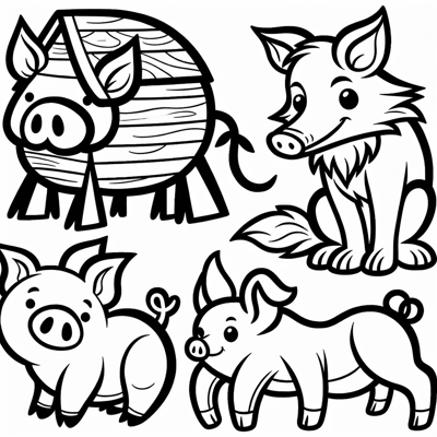 Three Little Pigs And The Big Bad Wolf Coloring Page
