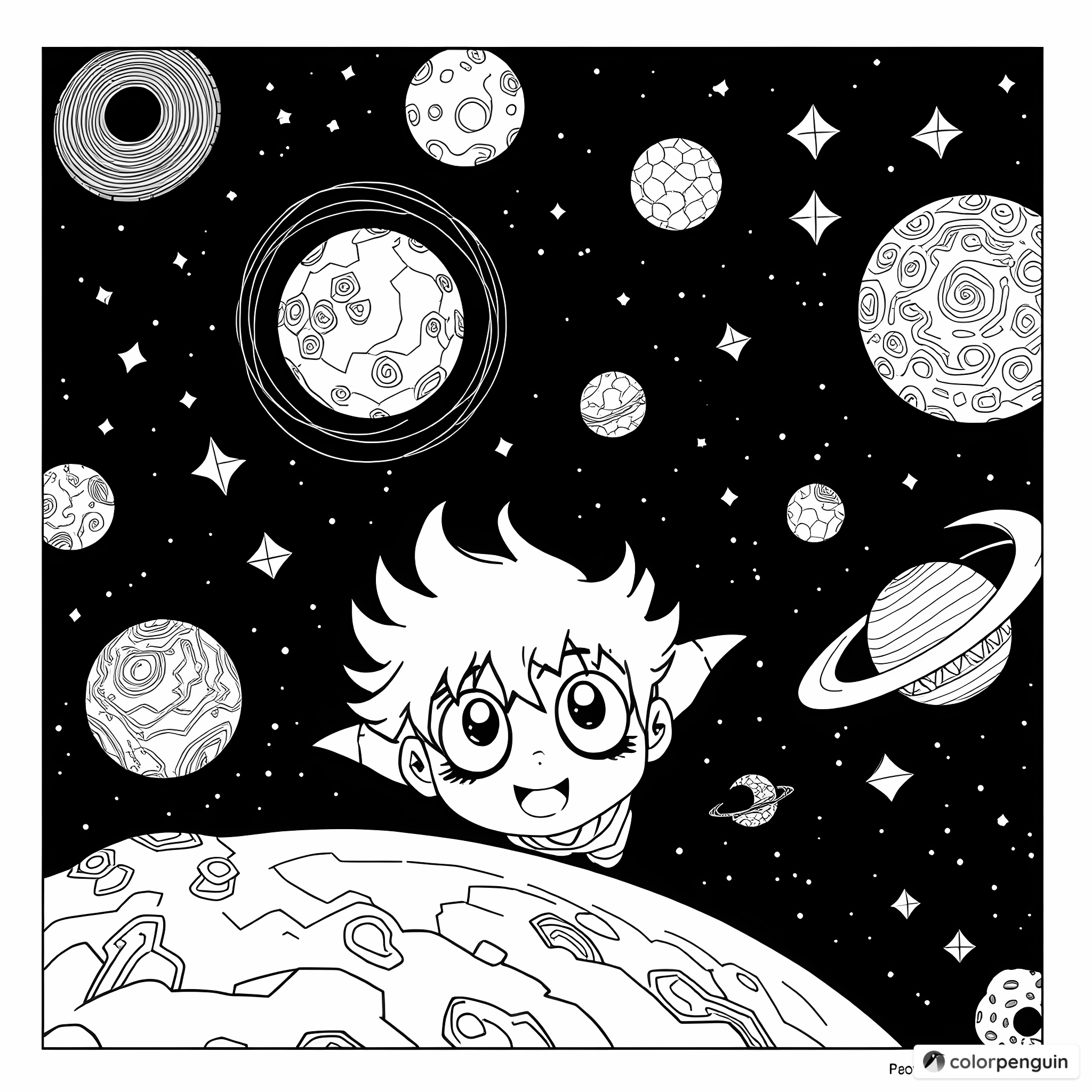 Magical Manga Character In Space Coloring Page