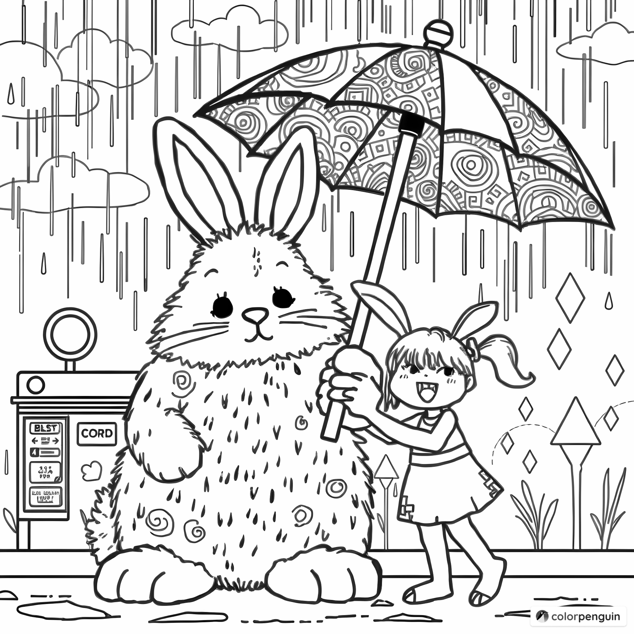 Bunny And Girl At The Bus Stop Coloring Page