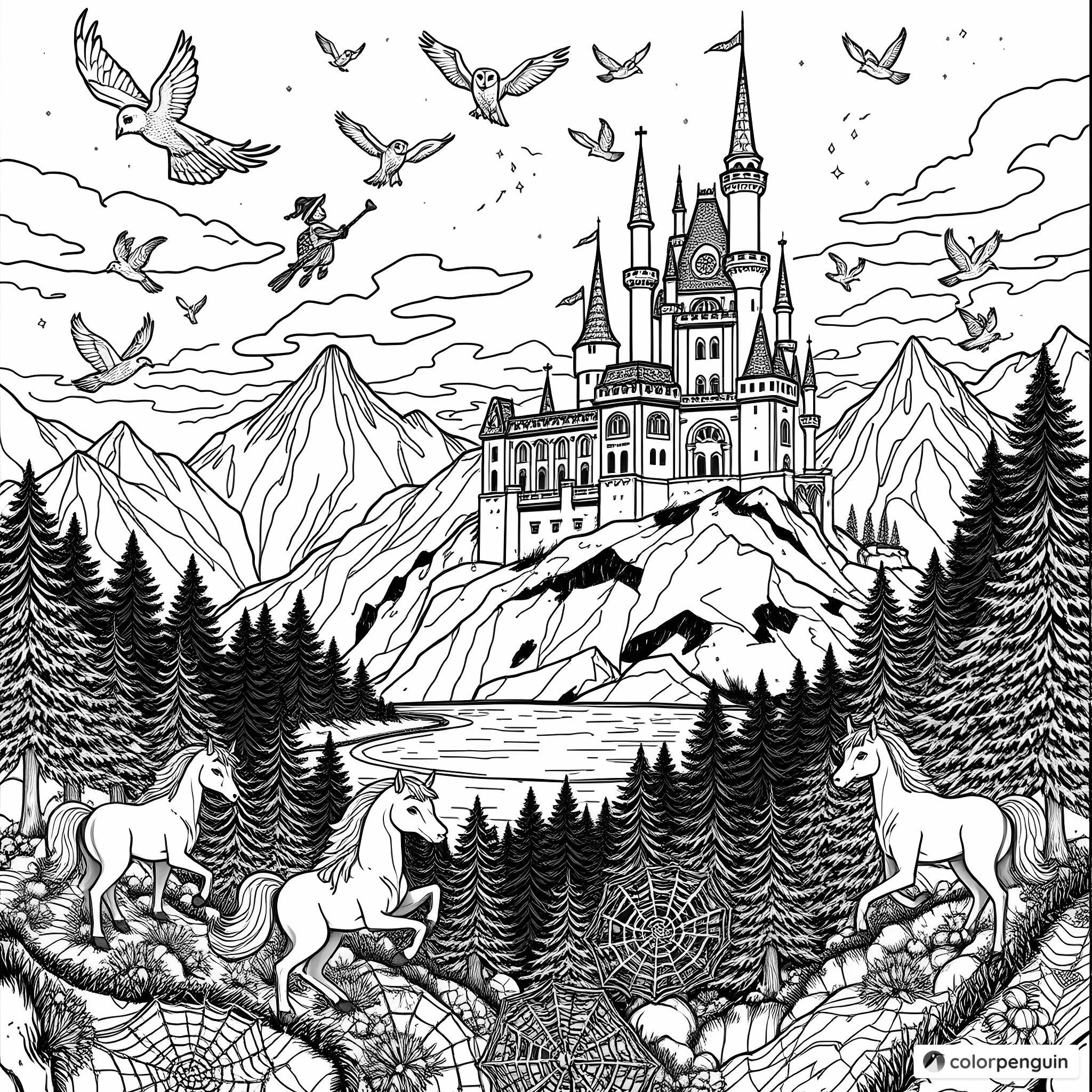 Majestic Castle In An Enchanted Landscape Coloring Page