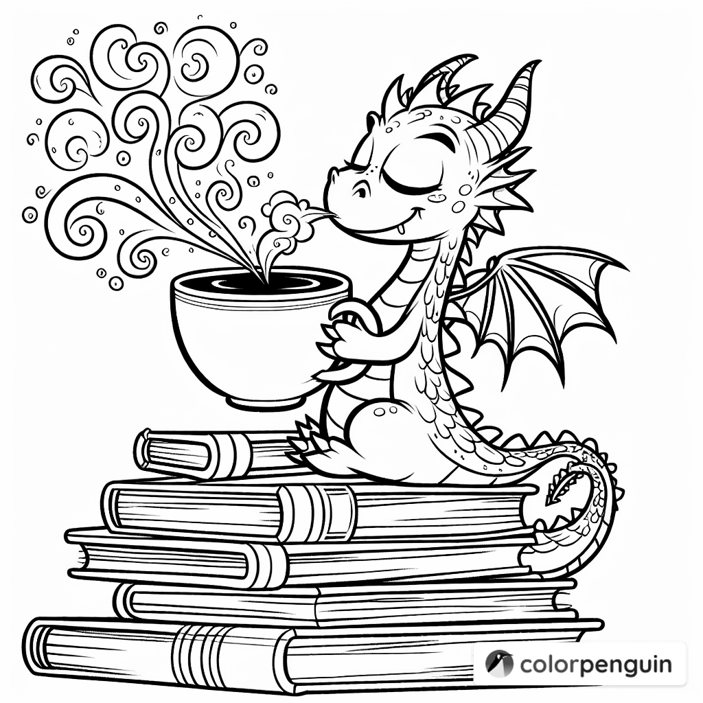 Dragon On Books With Coffee Coloring Page