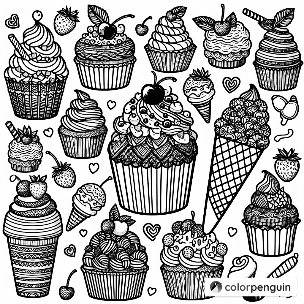 Cupcakes And Ice Cream Delight Coloring Page