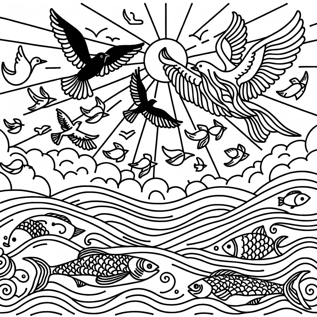 God Creating Birds And Fish Coloring Page