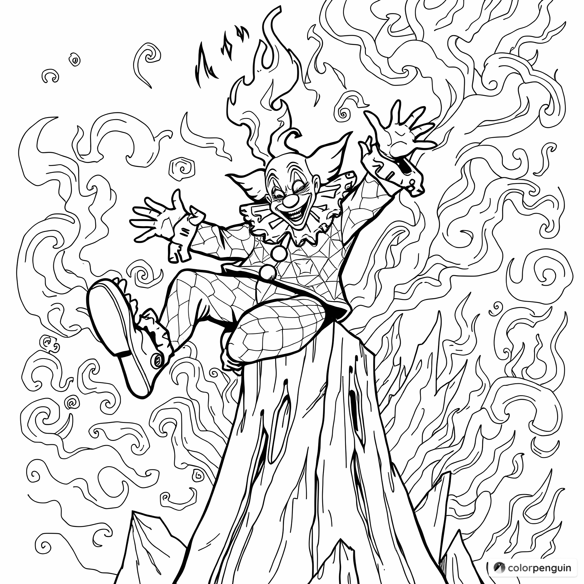 Creepy Clown Erupting From Flames Coloring Page