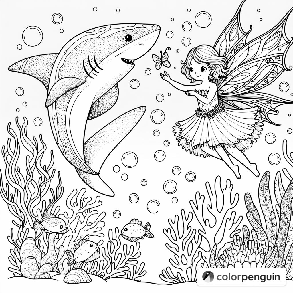 Shark With Water Fairy Coloring Page