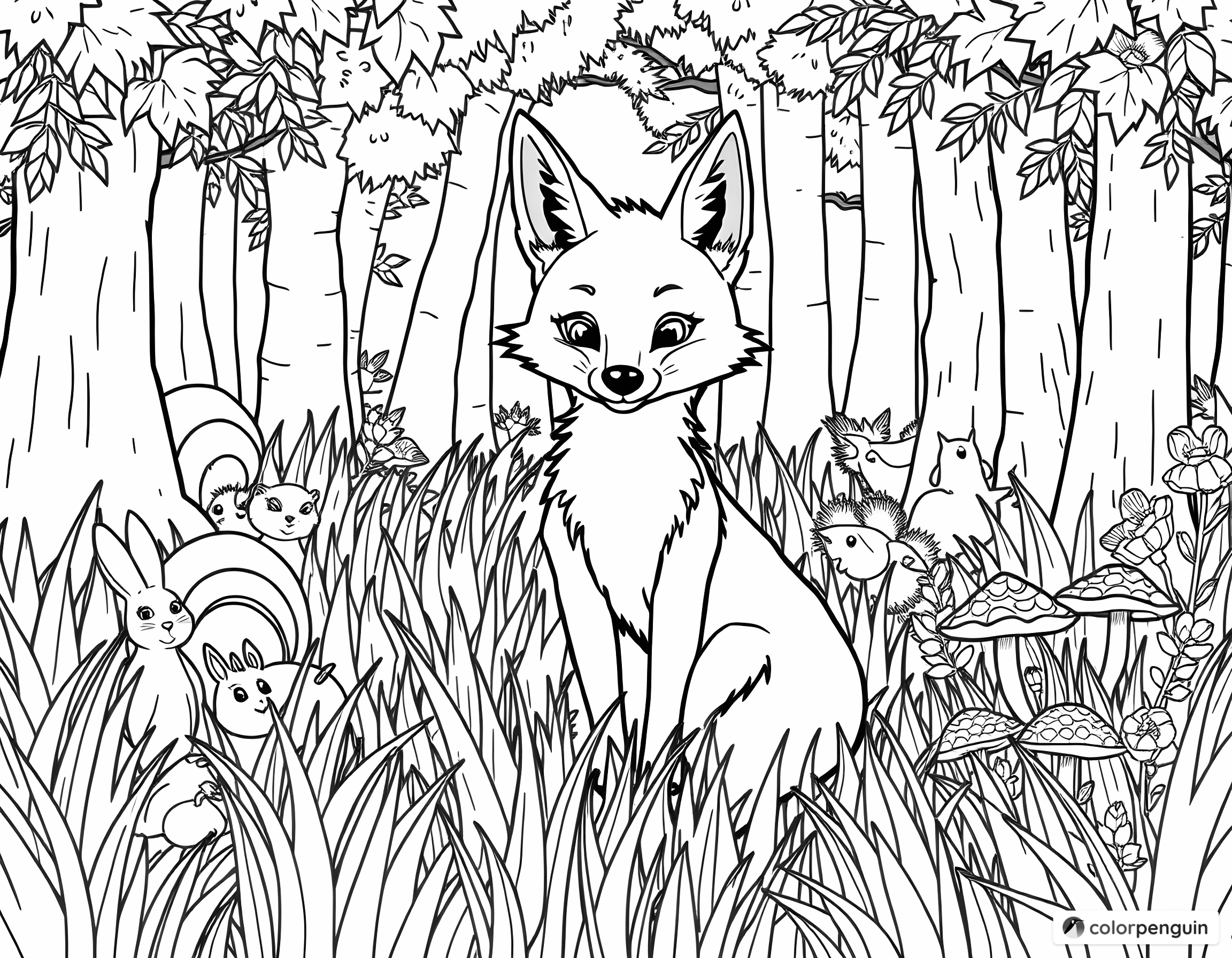 Curious Fox In The Forest Coloring Page