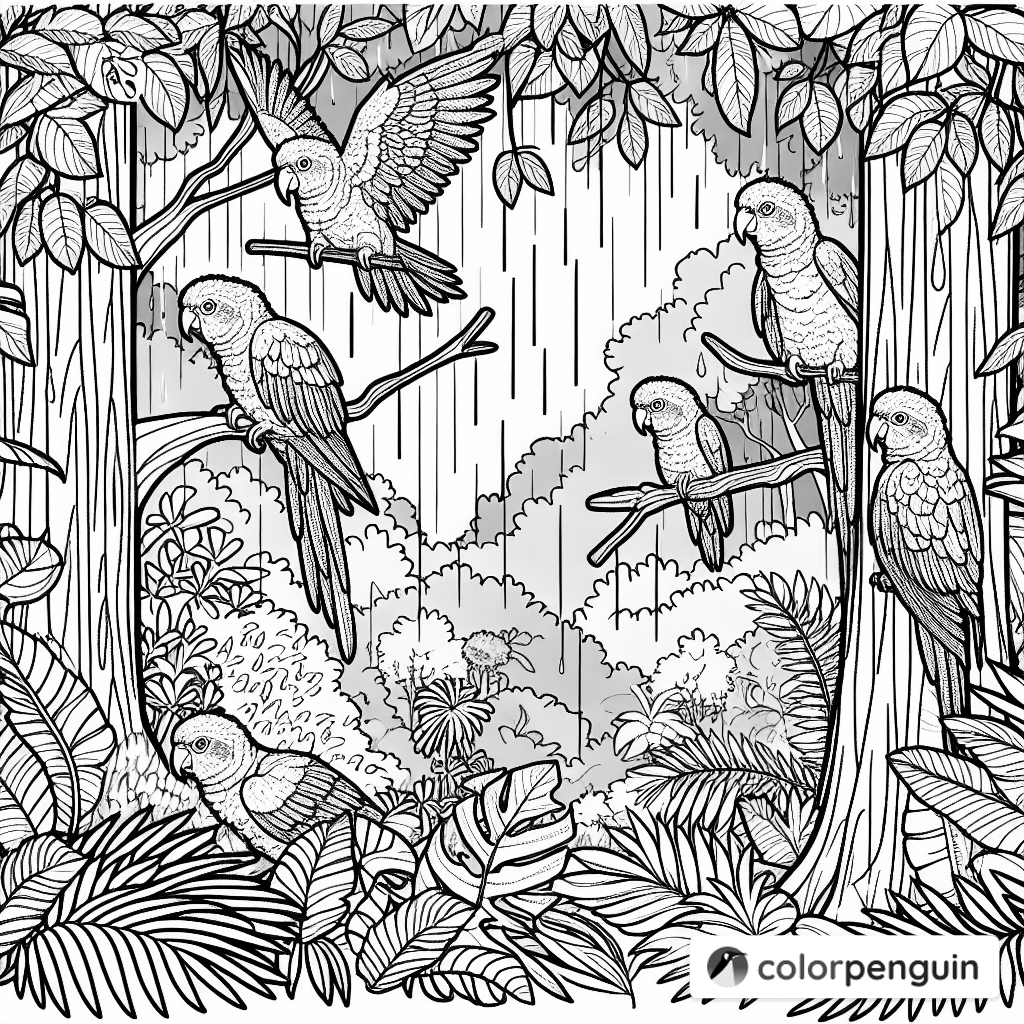 Green Cheek Conures In A Rainy Forest Coloring Page