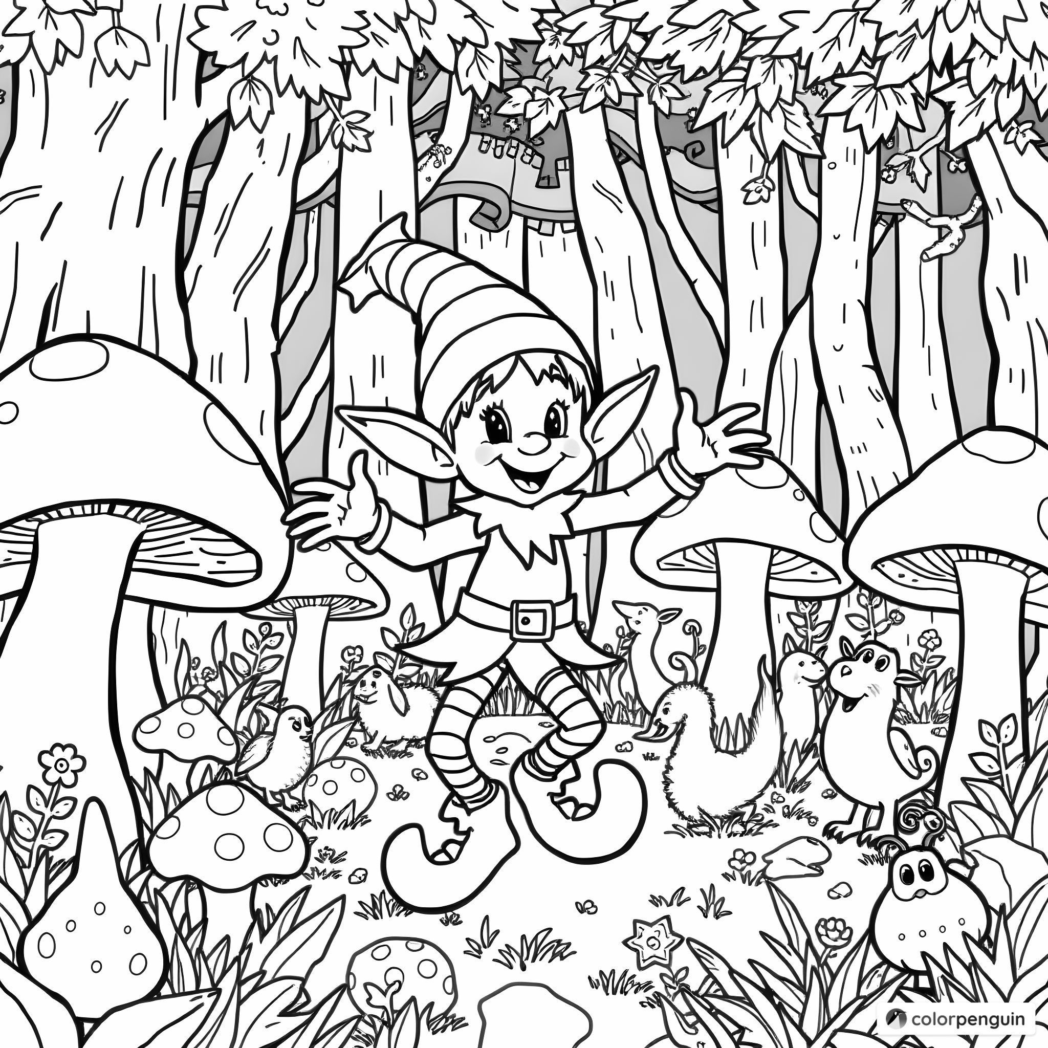 Cheerful Elf In A Magical Forest Coloring Page