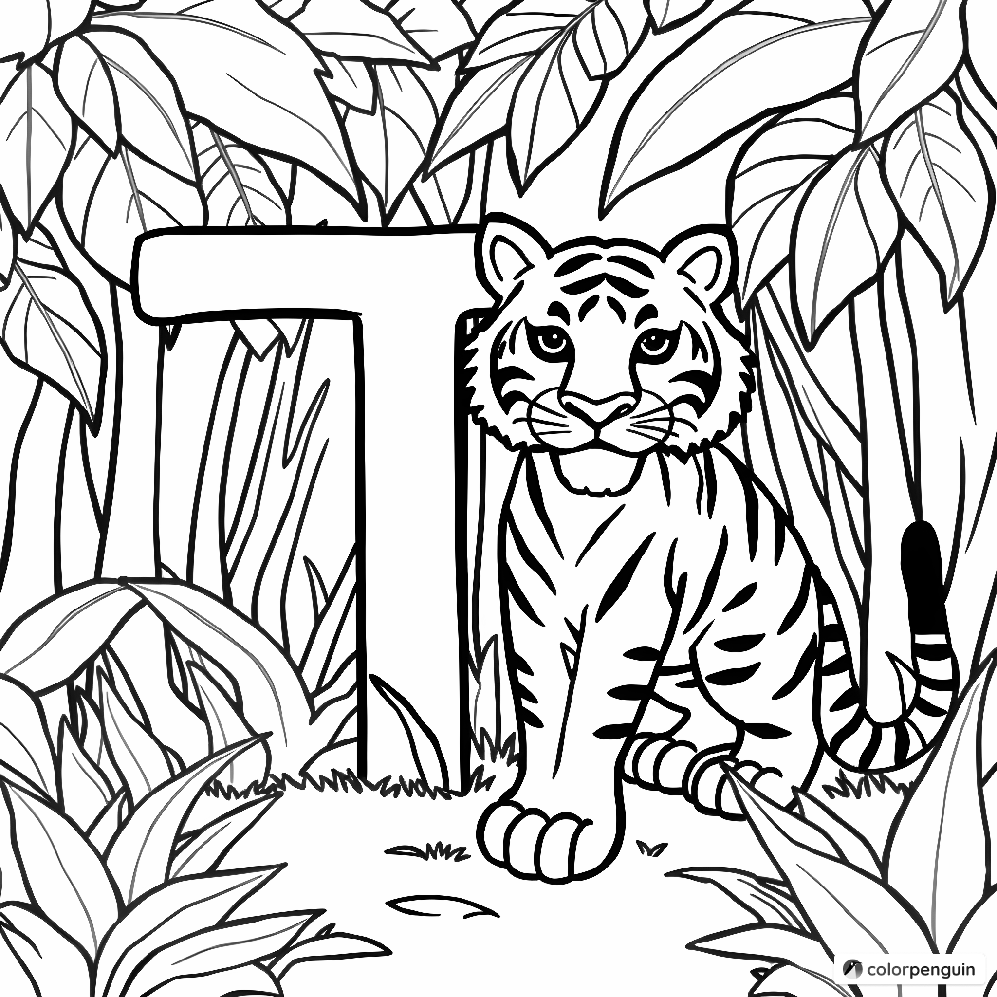 T For Tiger In The Jungle Coloring Page