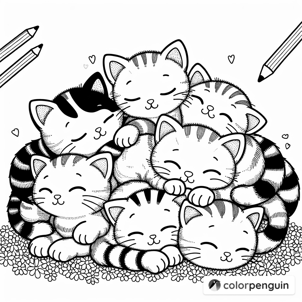 Kitten Snuggle Pile Coloring Page